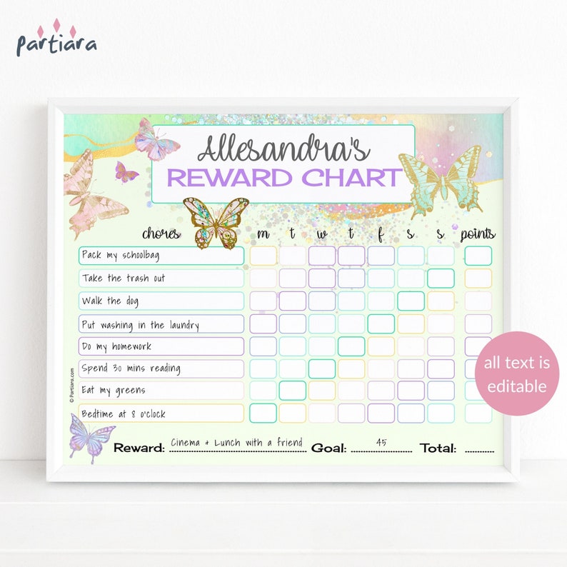 Editable Reward Chart Girl Butterflies Printable Daily Chores - Etsy