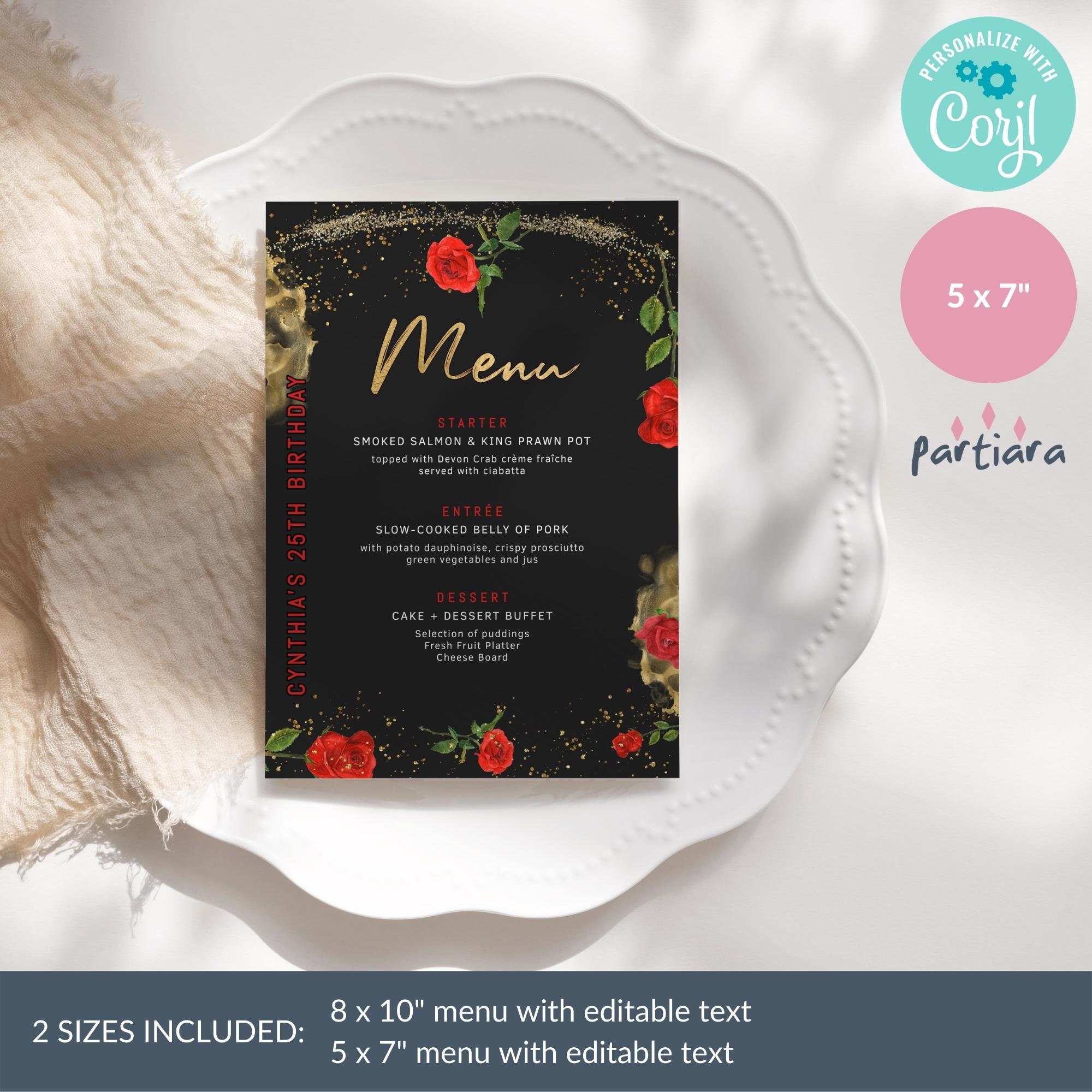 Anniversary Menu Card Red Roses Birthday Menus Black and Gold - Etsy