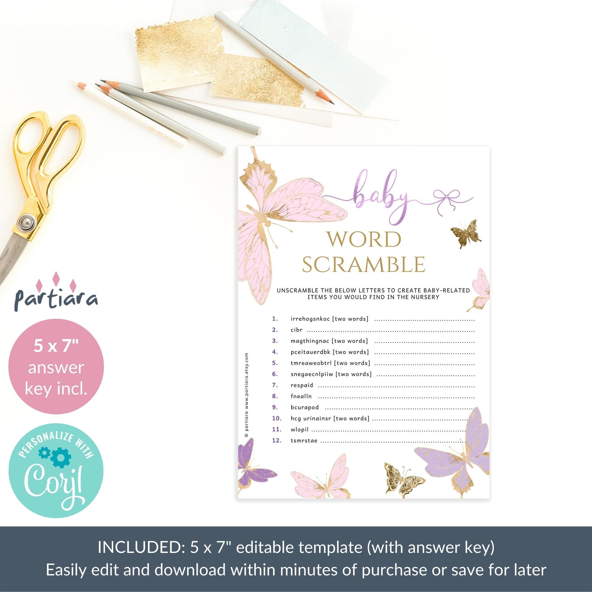 Girl Baby Shower Word Scramble Game Butterflies Lilac Pink Purple Gold ...