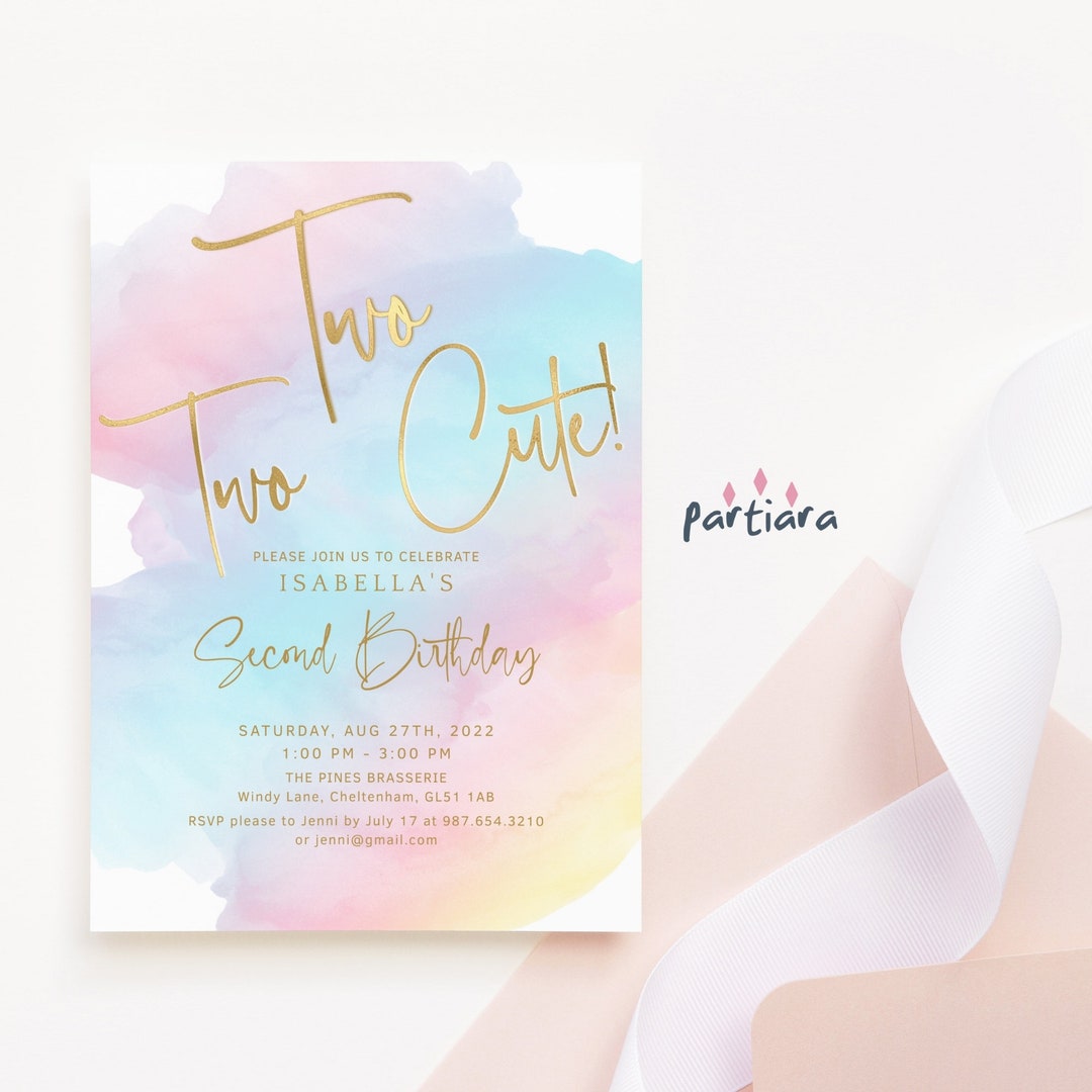 Two Two Cute Invitation for Girls: Rainbow 2nd Birthday Tea Party ...