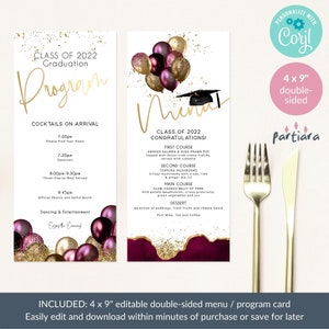 Burgundy Graduation Party Menu Programs Printable Editable Digital ...