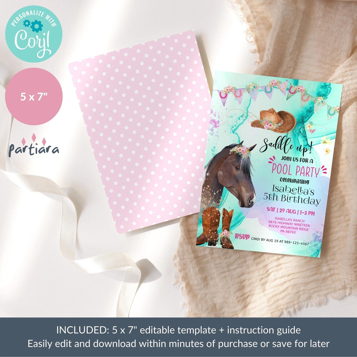 Horse Birthday Invite Pool Party Girl Ranch Rodeo Cowgirl - Etsy
