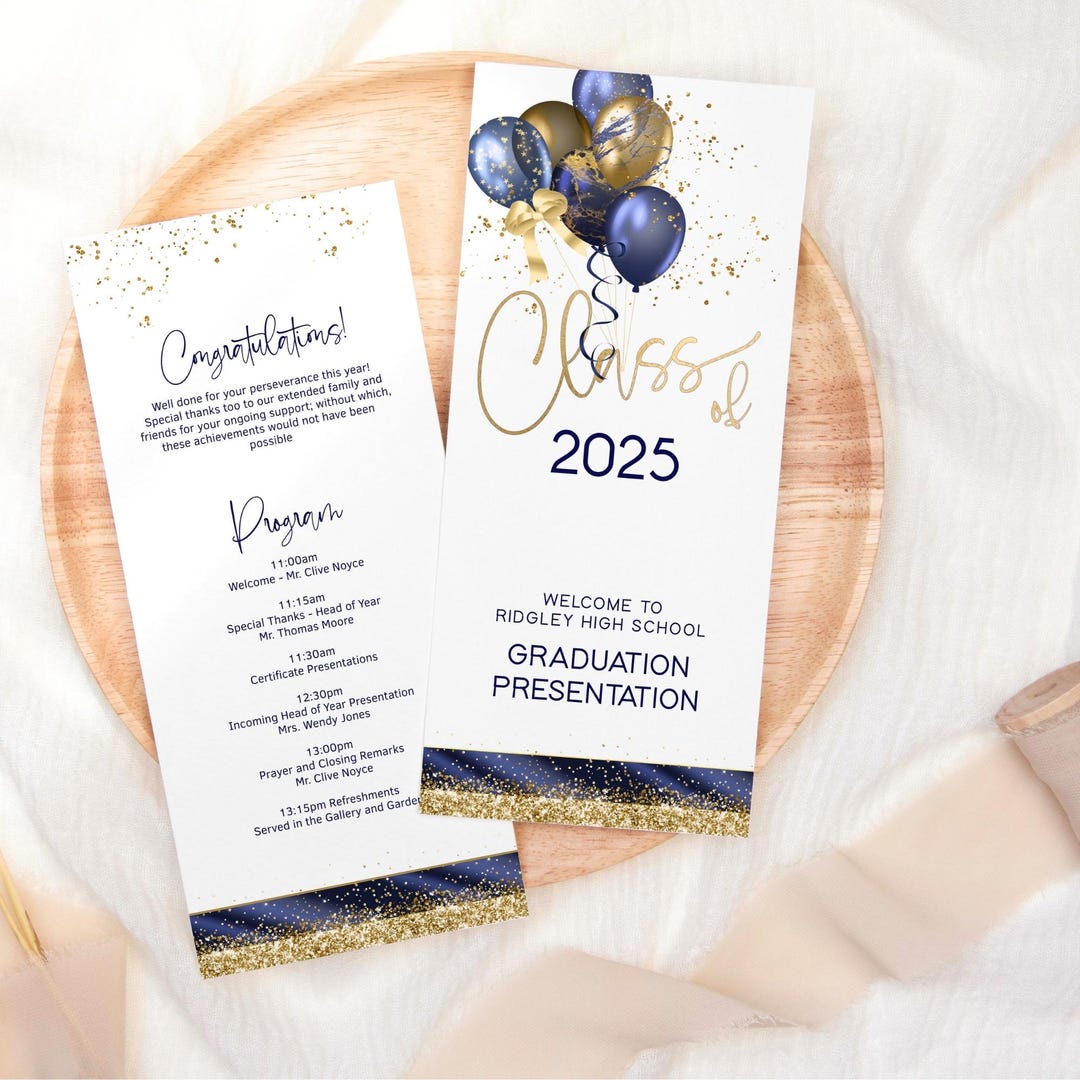 Graduation Program Printable, Class of 2025 Navy Blue Gold Table ...