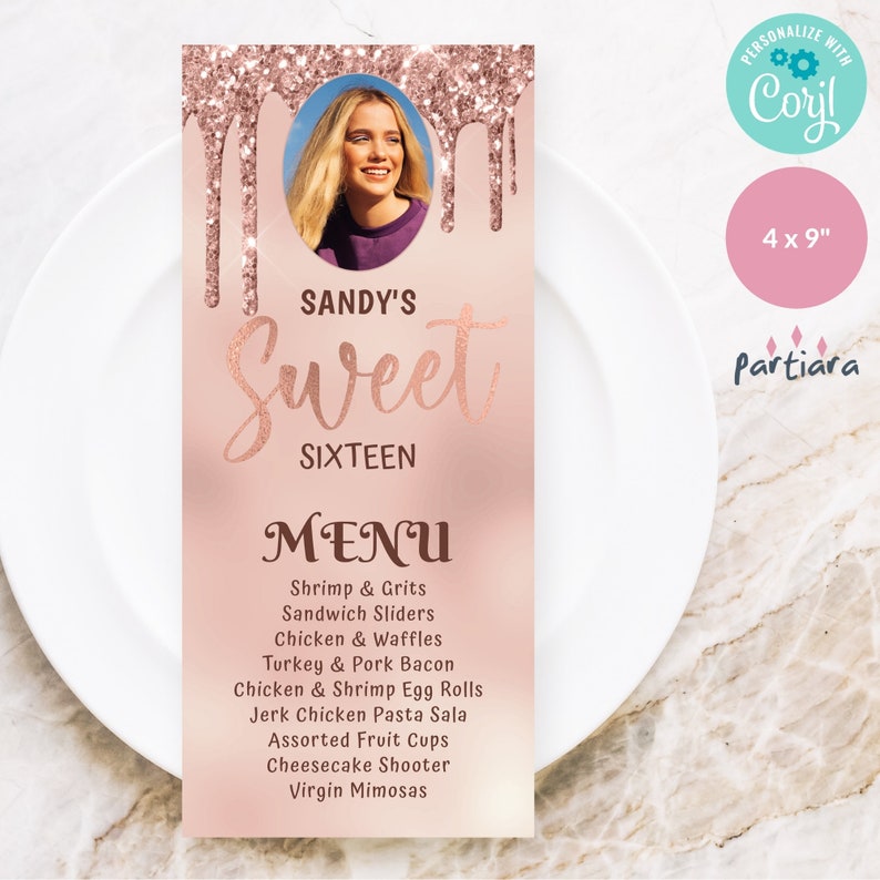 Sweet 16 Menu, 16th Birthday Photo Menu Cards Printable, 4x9 Table ...