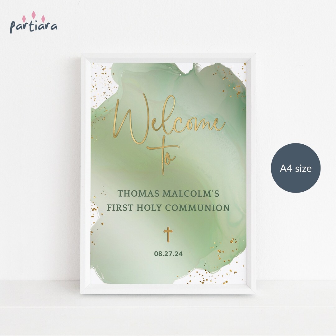 Sage Baptism Welcome Sign, Green Gold Communion Table Poster Printable ...