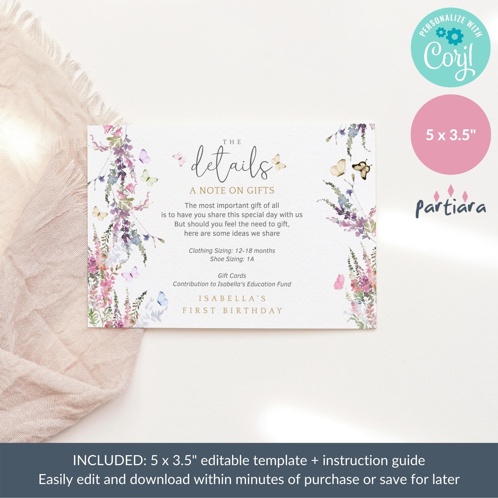 Butterfly Wildflowers Invite Insert Card Printable 1st - Etsy