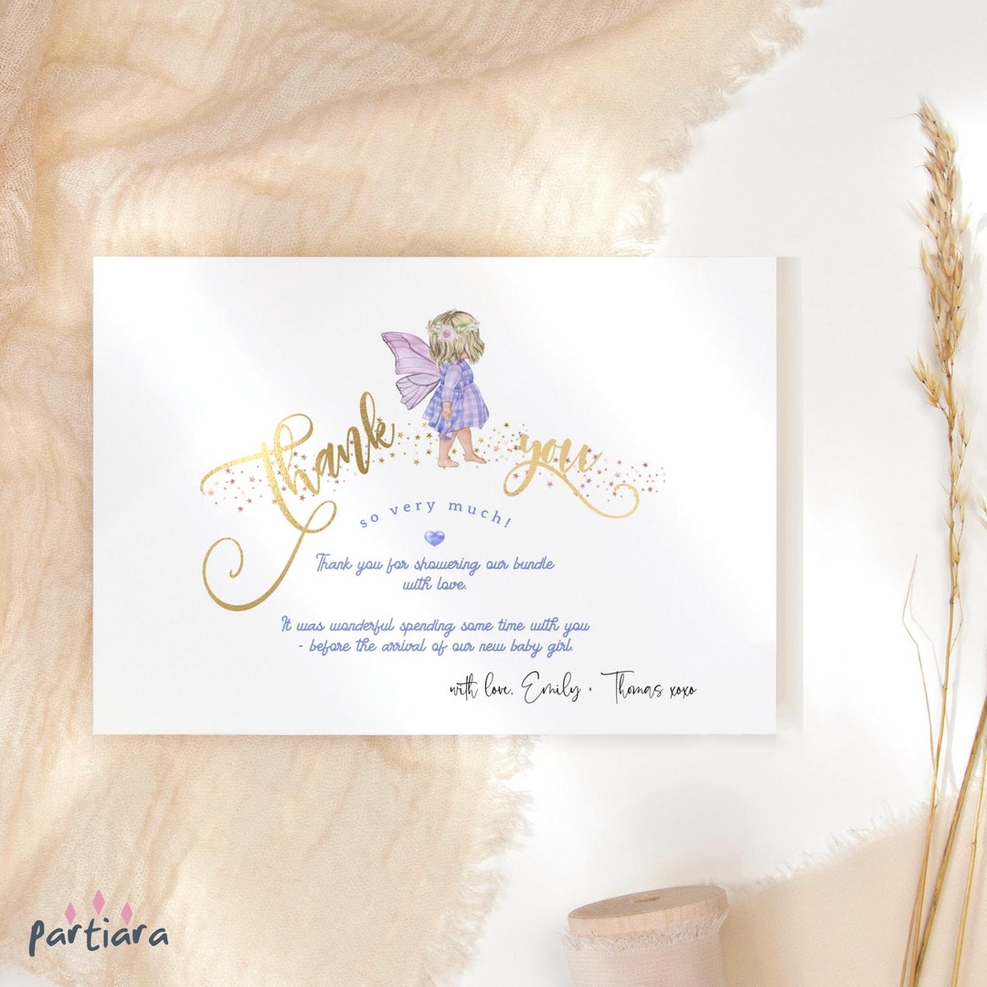 Fairy First Birthday Thank You Card Girl Baby Shower Fairies Party ...