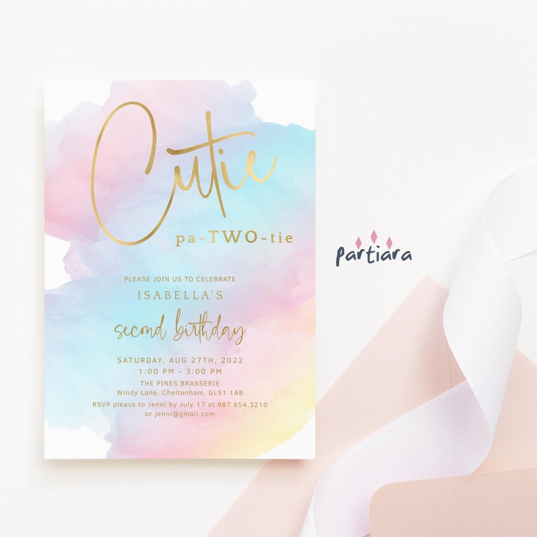 Girl Cutie 2nd Birthday Invite Rainbow Pastel Party Invitation Editable ...