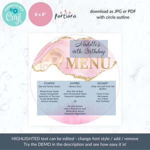 Pink Agate Menu Charger Template, Ladies Birthday Dinner Party Menus ...