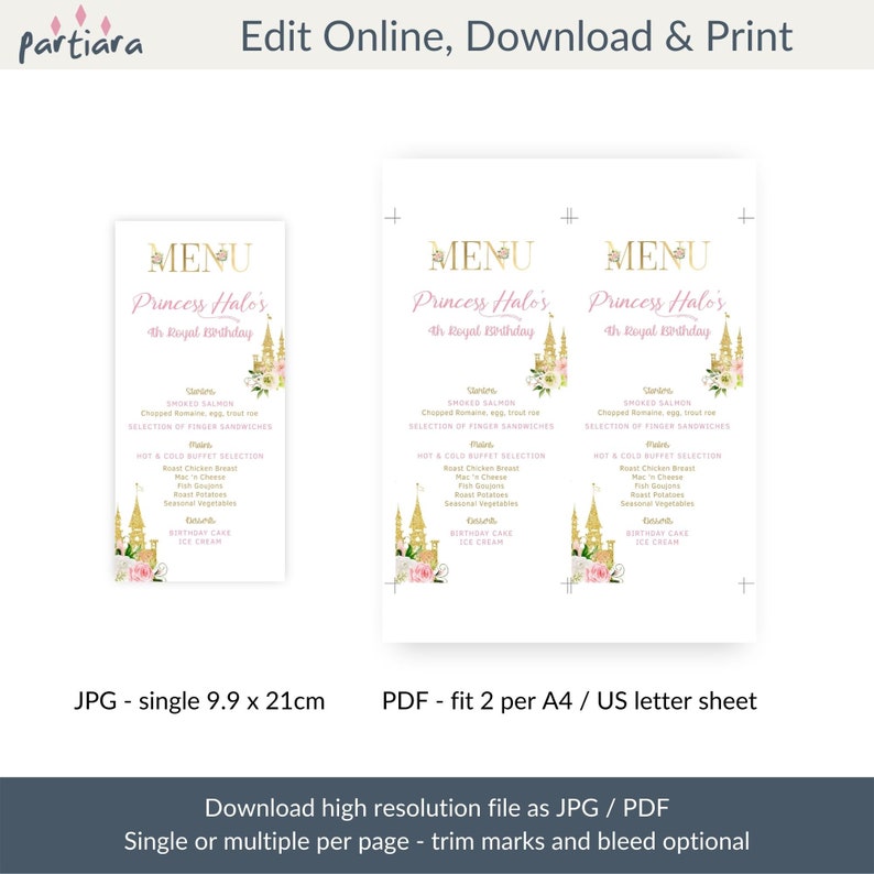 Princess Baby Shower Menu Printable Girl 1st Birthday Party Table Menus ...