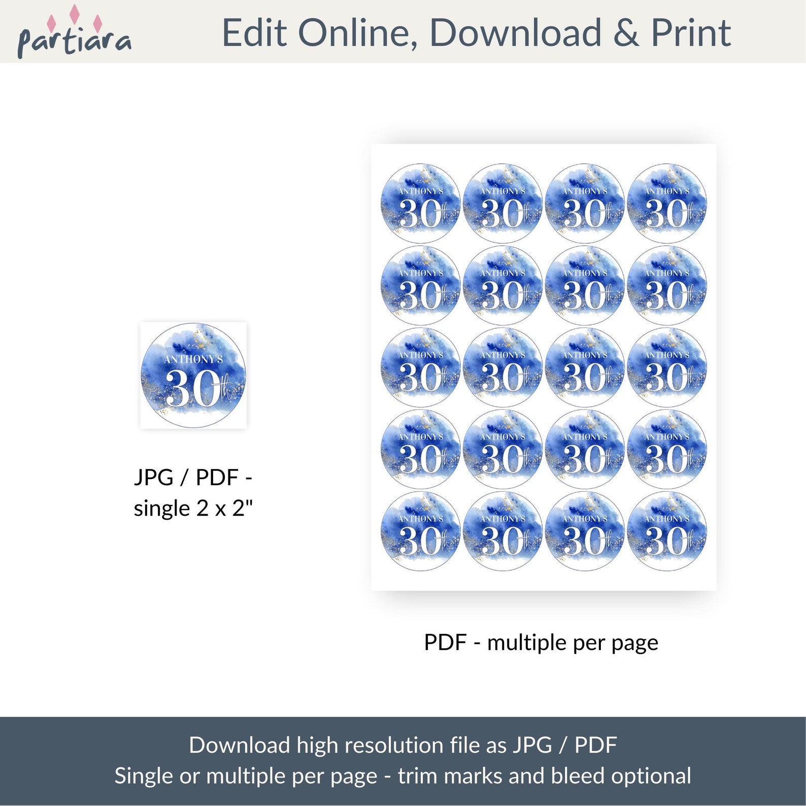 Blue Birthday Cupcake Topper Template: 16th 18th 21st 30th Party Cakes ...