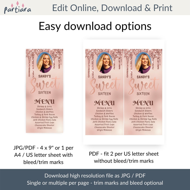 Sweet 16 Menu, 16th Birthday Photo Menu Cards Printable, 4x9 Table ...