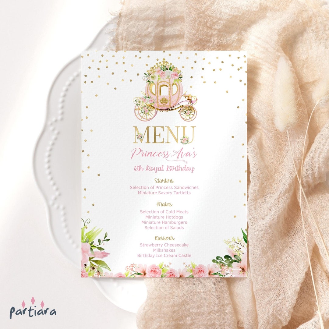 Princess Birthday Menu Printable Girls Fairytale Carriage Menus Pink ...