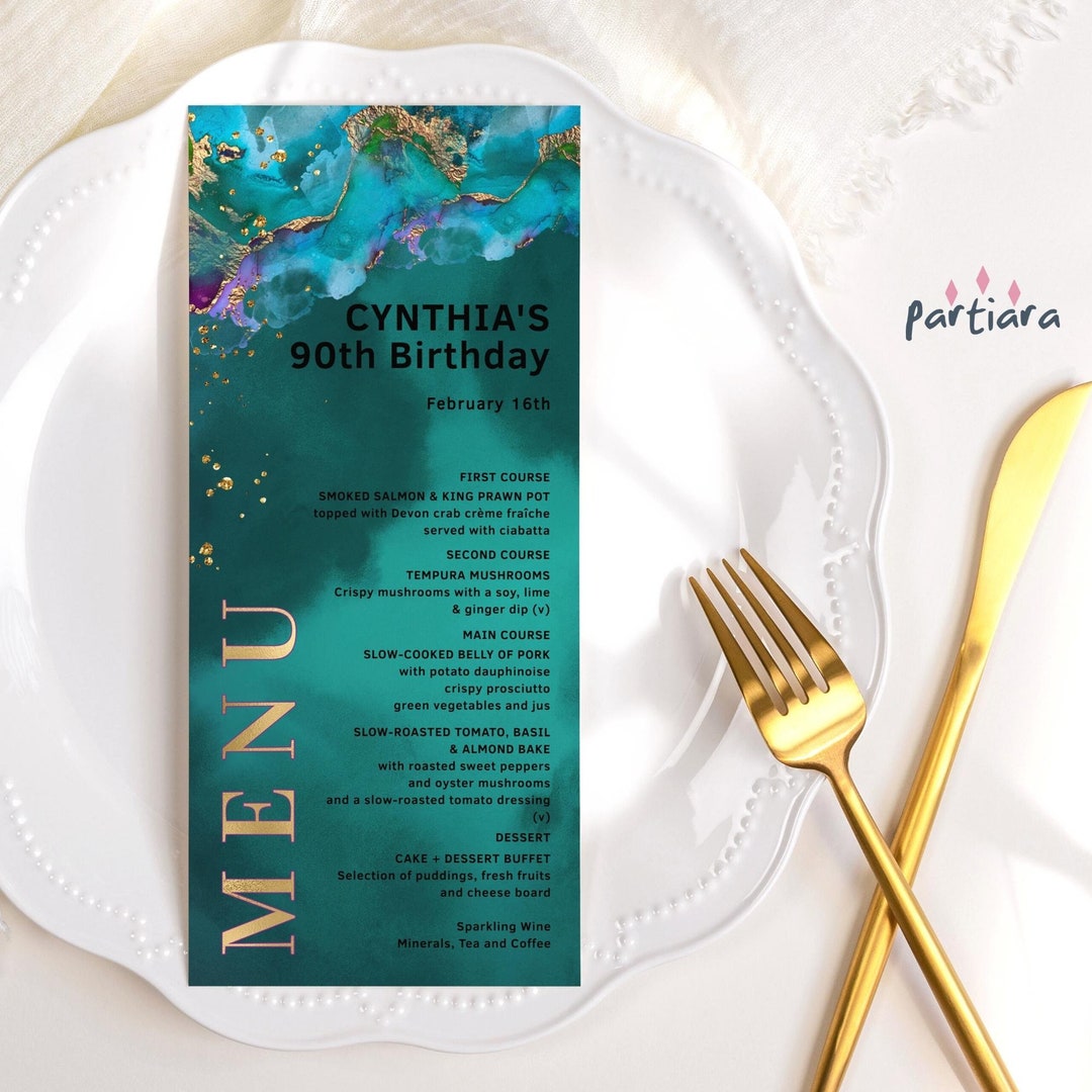 Emerald Green Menu Card Template, Birthday Dinner Party Menus Printable ...