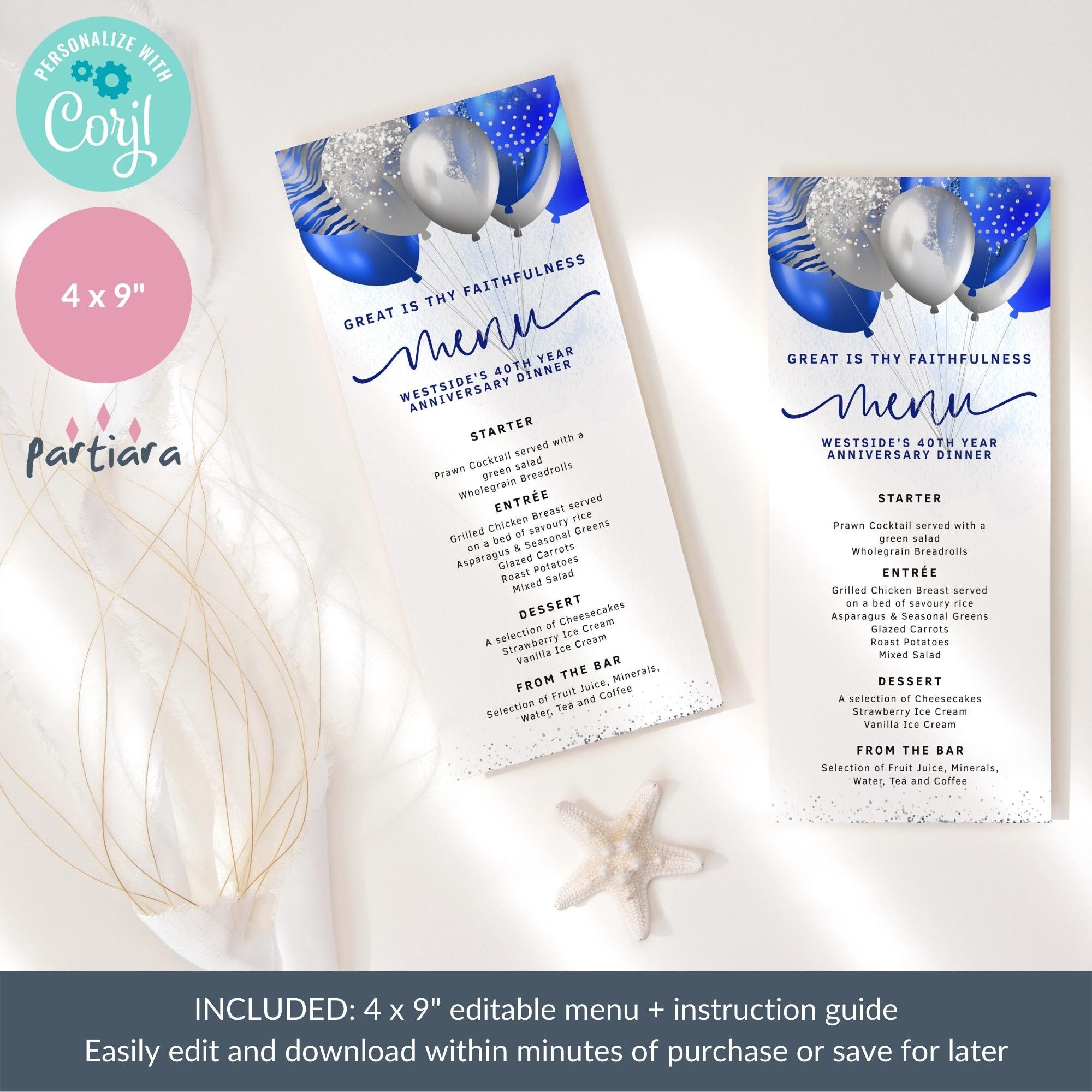 Royal Blue Menu Cards Editable Silver Balloons Party Menus - Etsy