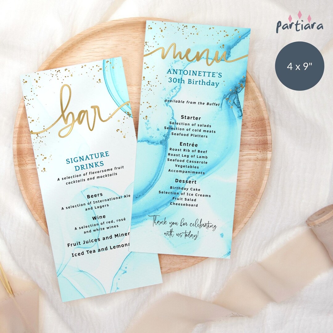 Adult Pool Party Menu Printable, Food Table Menus, Sky Blue Gold Plate ...