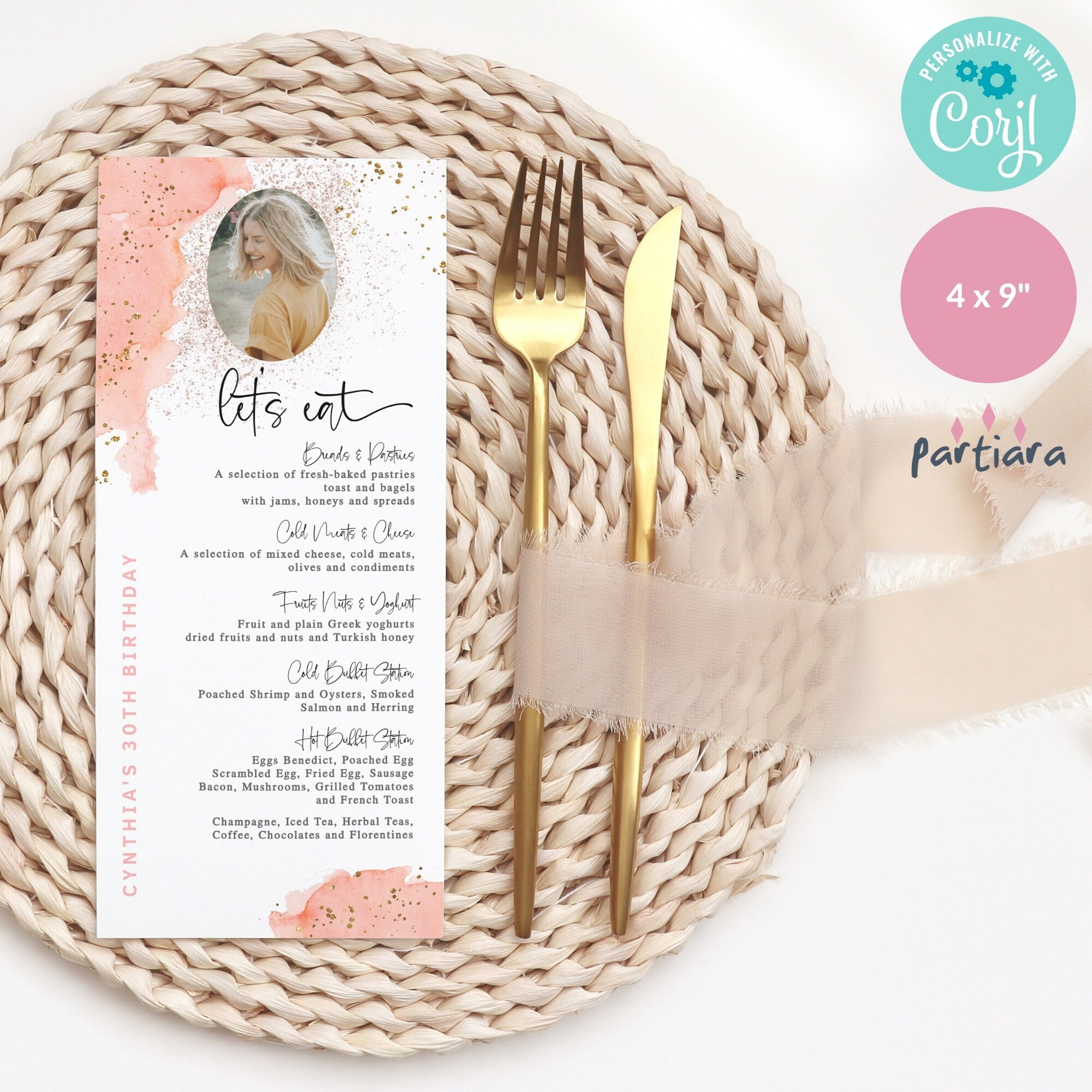 Blush Pink Gold Menu Cards Printable Teen Girls Ladies Birthday Photo ...