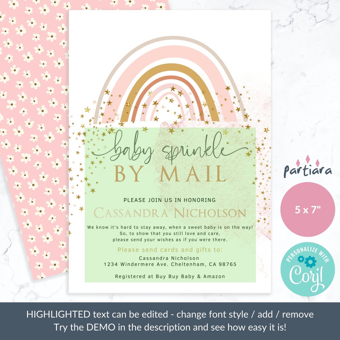 Editable Baby Sprinkle by Mail Invitation Girl Long Distance Pink ...