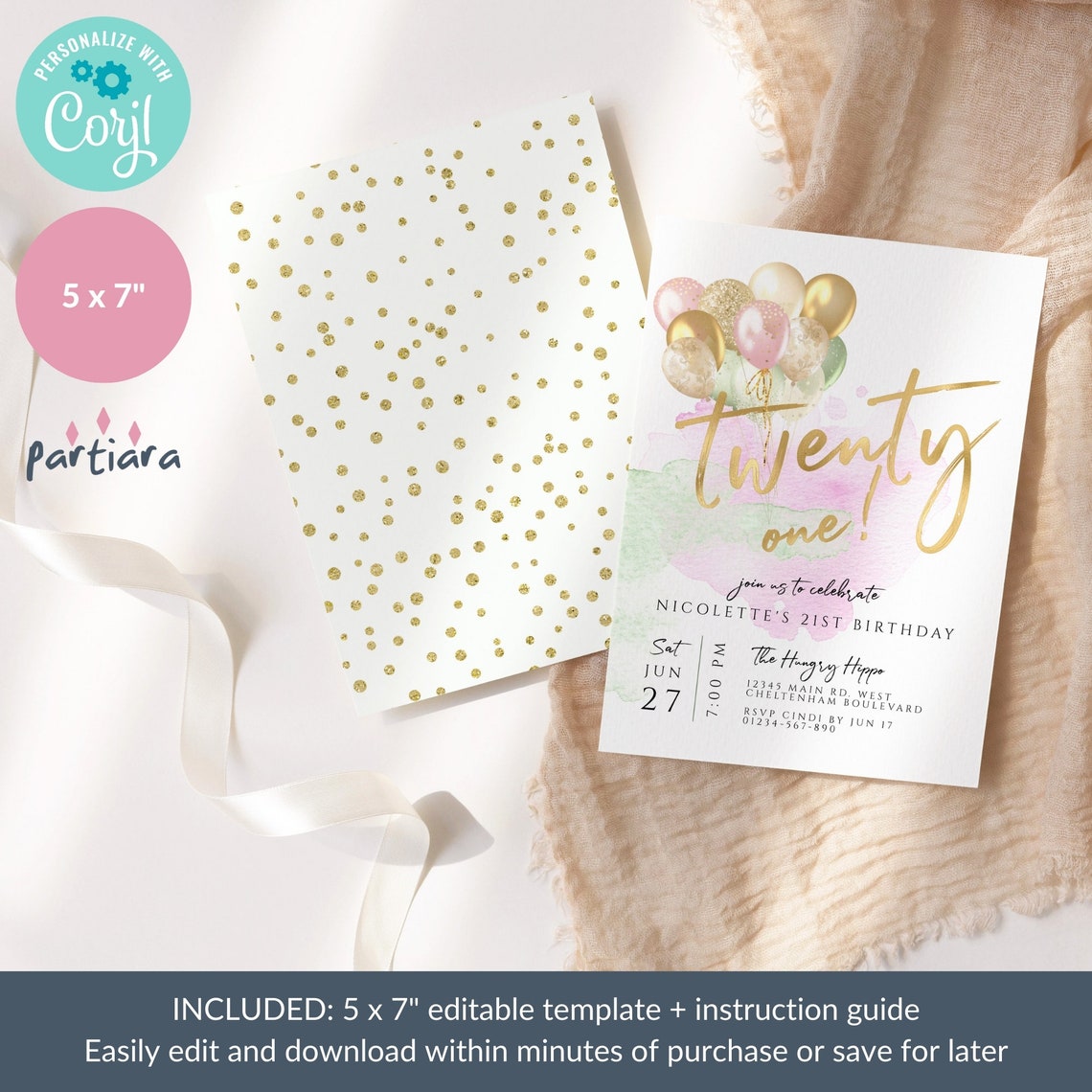 Editable 21st Birthday Invite Template for Ladies, Dinner Dance Party ...