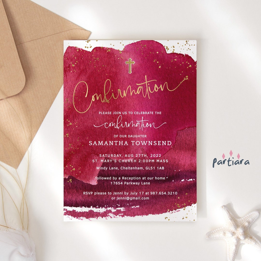 Editable Confirmation Invitation Template, Ruby Red Gold Boy or Girls ...