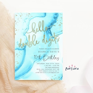 10th Birthday Invite Hello Double Digits Party Invitations Sky Blue ...