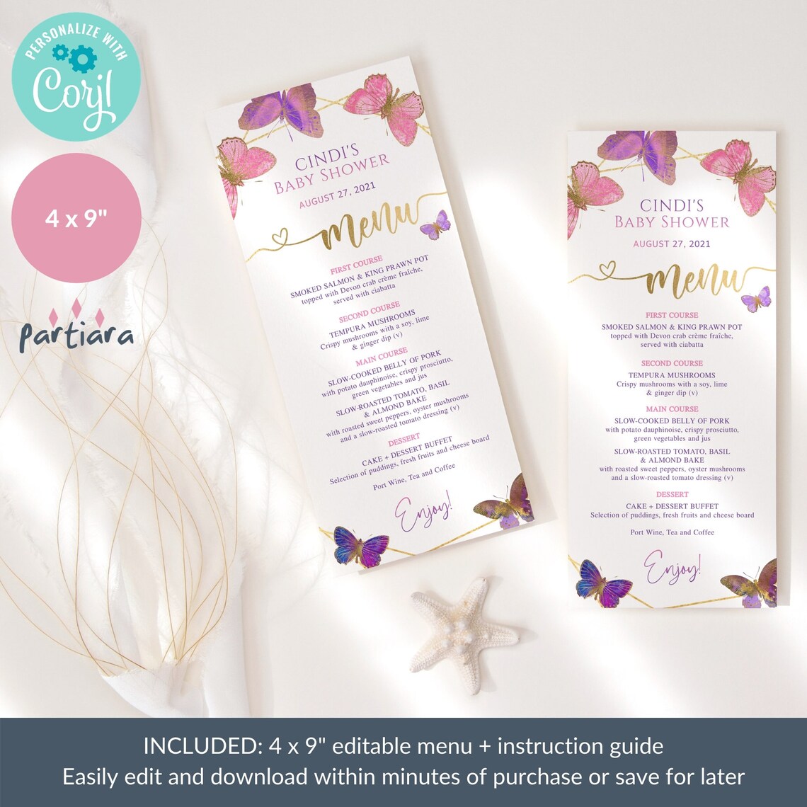 Butterflies Menu Card Editable Template Girl Baby Shower 1st | Etsy