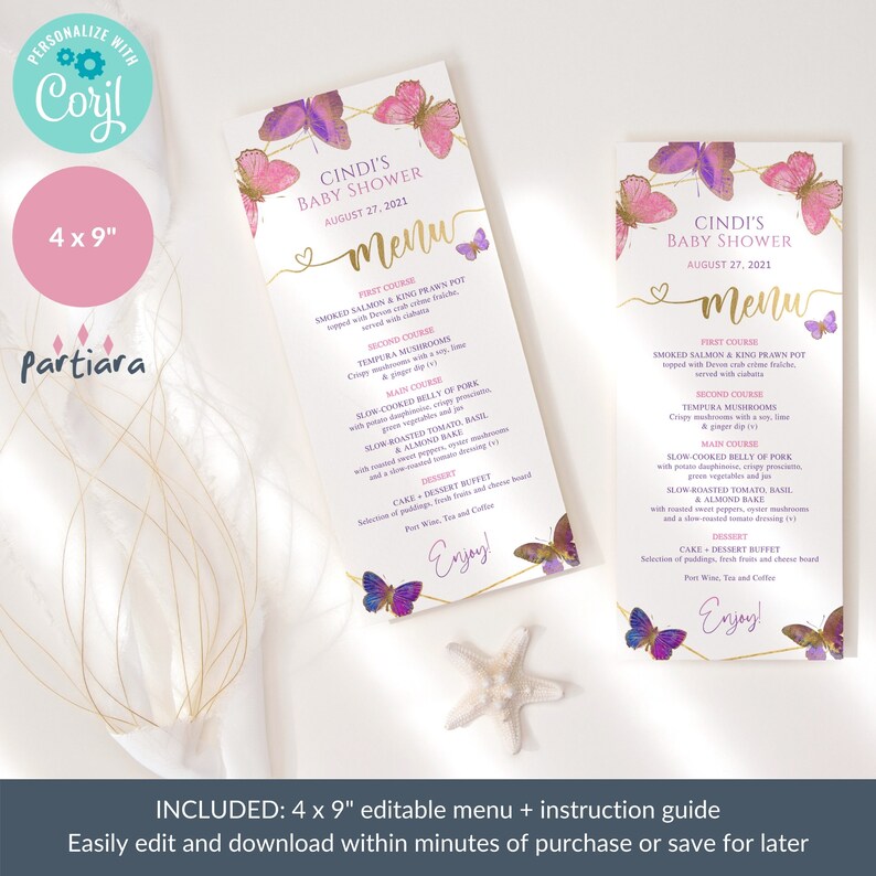 Butterflies Menu Card Editable Template Girl Baby Shower 1st | Etsy