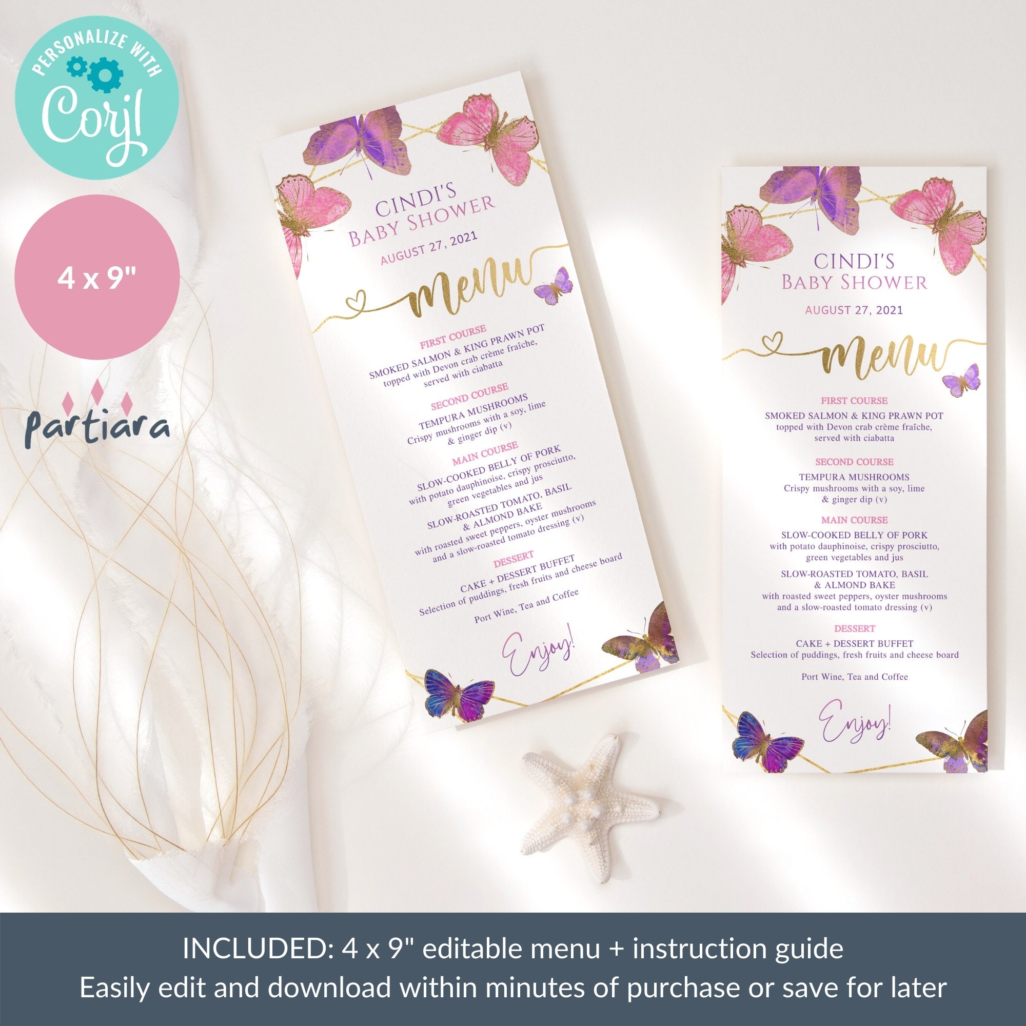 Butterflies Menu Card Editable Template Girl Baby Shower 1st | Etsy