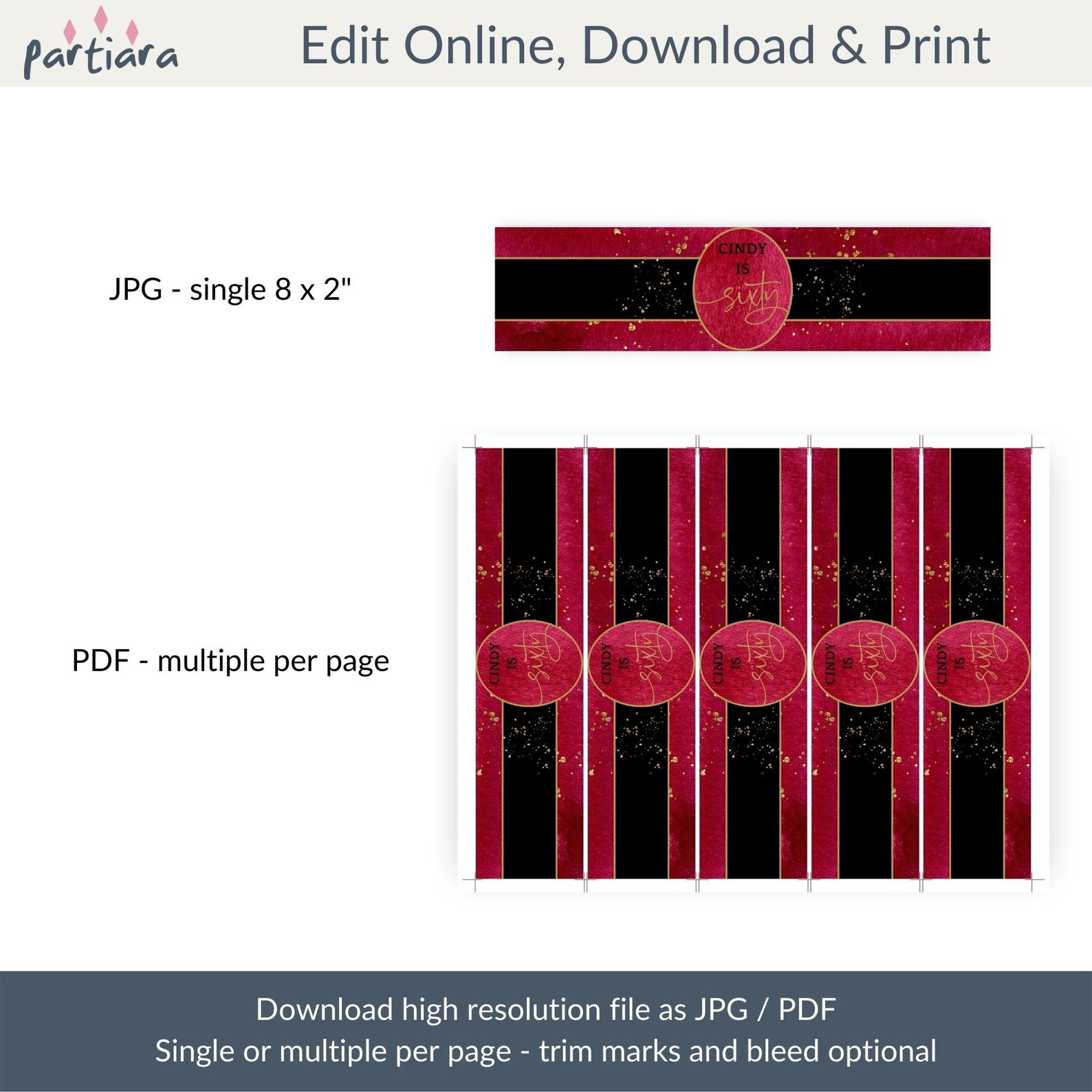 Red Gold Water Bottle Labels Printable Ladies Birthday Party - Etsy