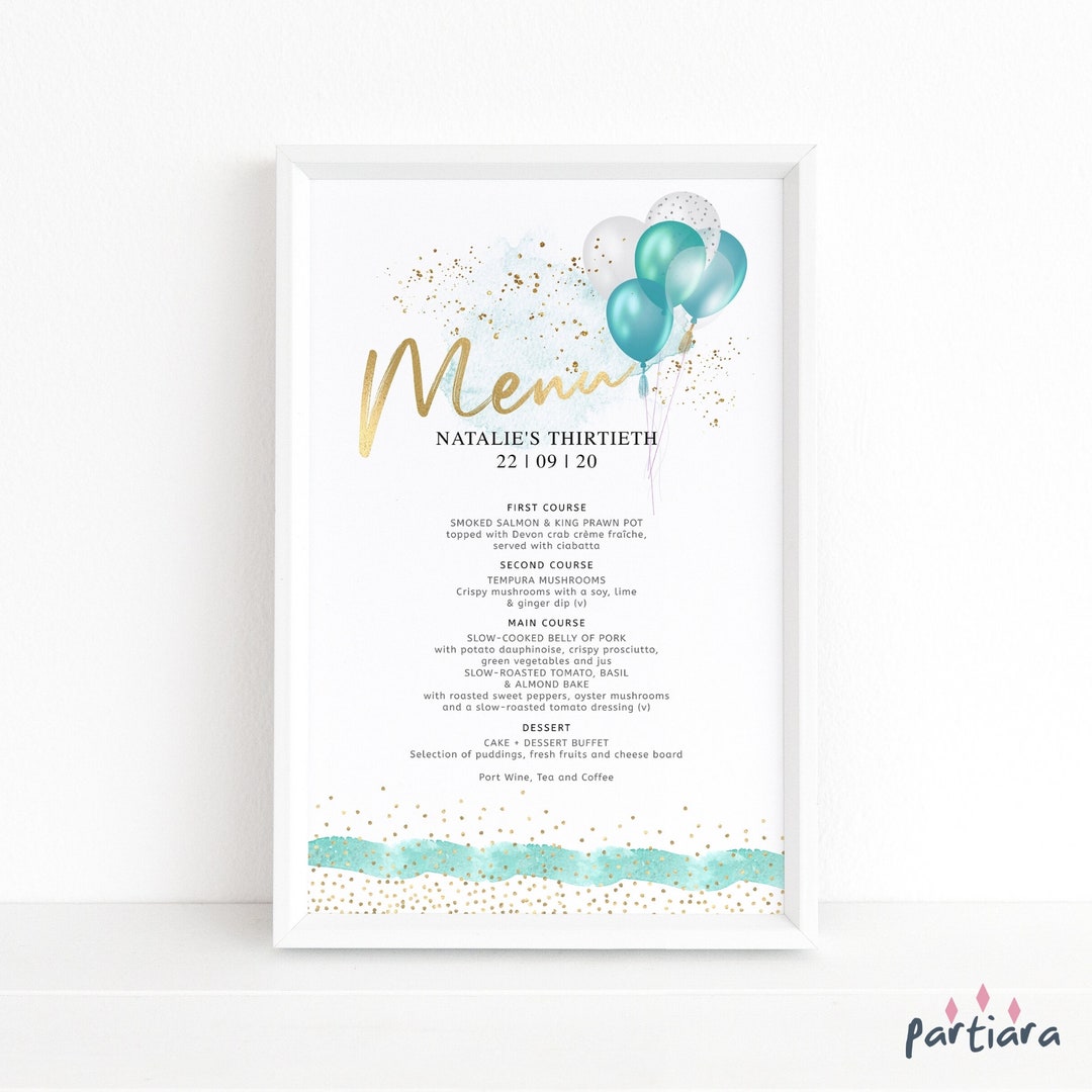Aqua Blue Menu Printable Birthday Balloons Table Menus Buffet Food ...