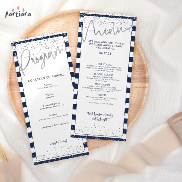 Navy White and Silver Menu Card - Etsy