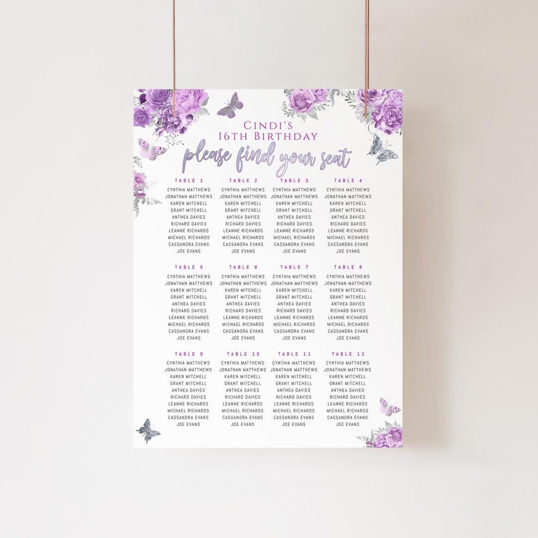 Butterfly Seating Chart, Purple Birthday Seating Sign Printable, Lilac ...