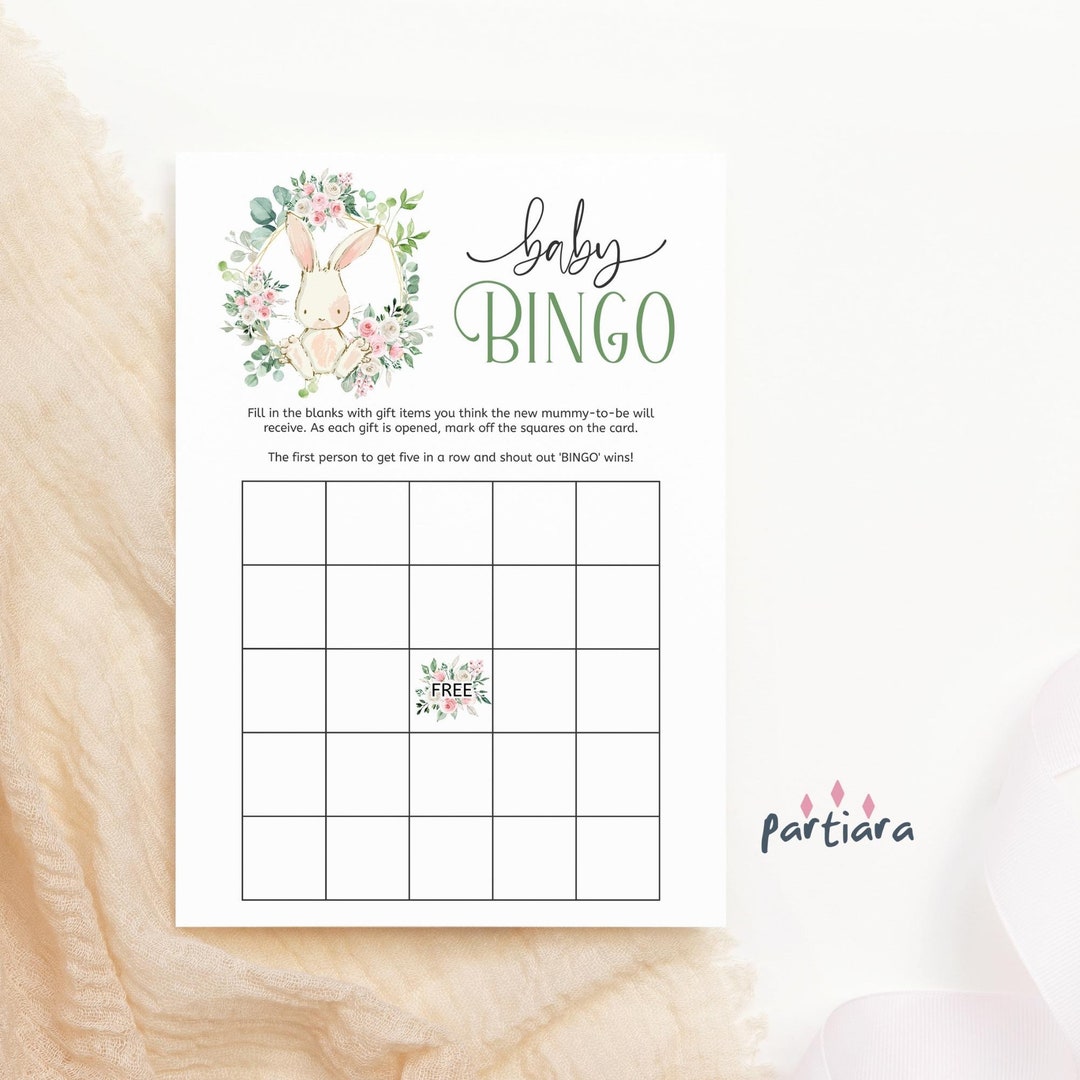 Baby Bunny Bingo Card Girl Baby Shower Floral Bunnies Easter Spring ...