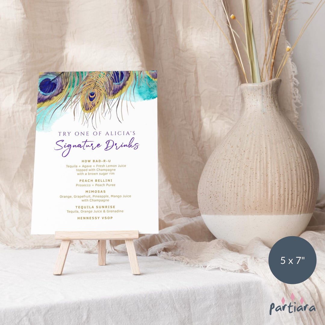 Peacock Signature Bar Menu Template, Signature Drinks Menus, Bridal ...