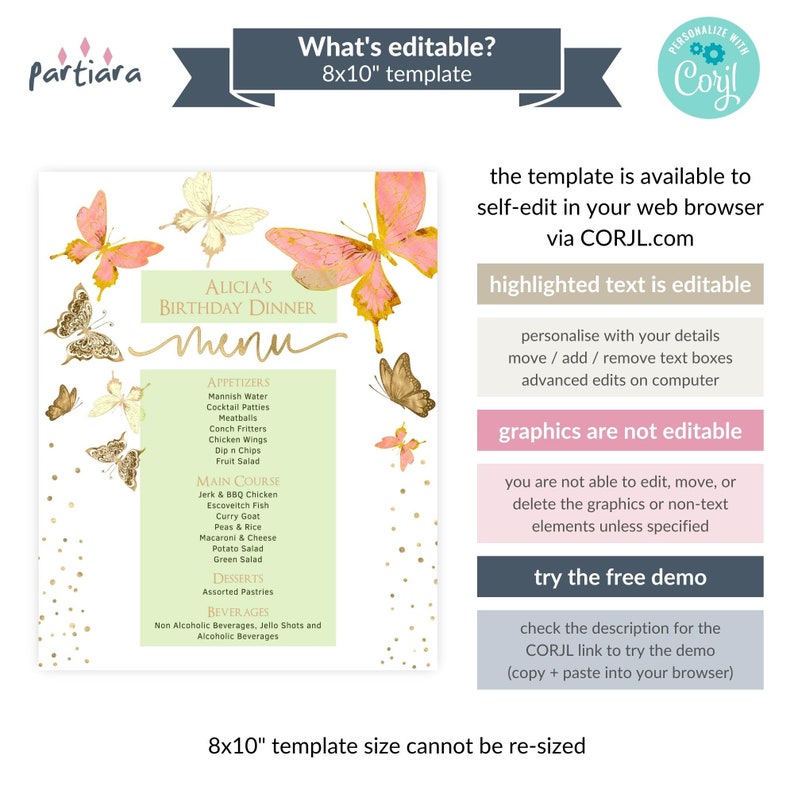 Coral Gold Butterfly Menu Card Printable Teen Girls Birthday - Etsy