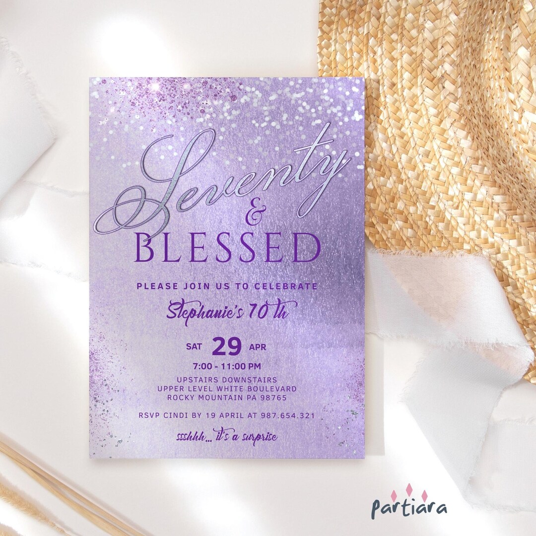 Editable Seventy Blessed Invite Template Ladies Purple Silver Surprise ...