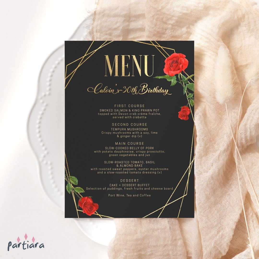 Elegant Red Gold Ladies Menu Card Printable Birthday Dinner - Etsy