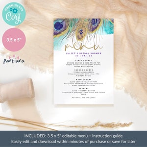 Editable Peacock Menu Template Wedding Reception Menus Bridal Shower ...