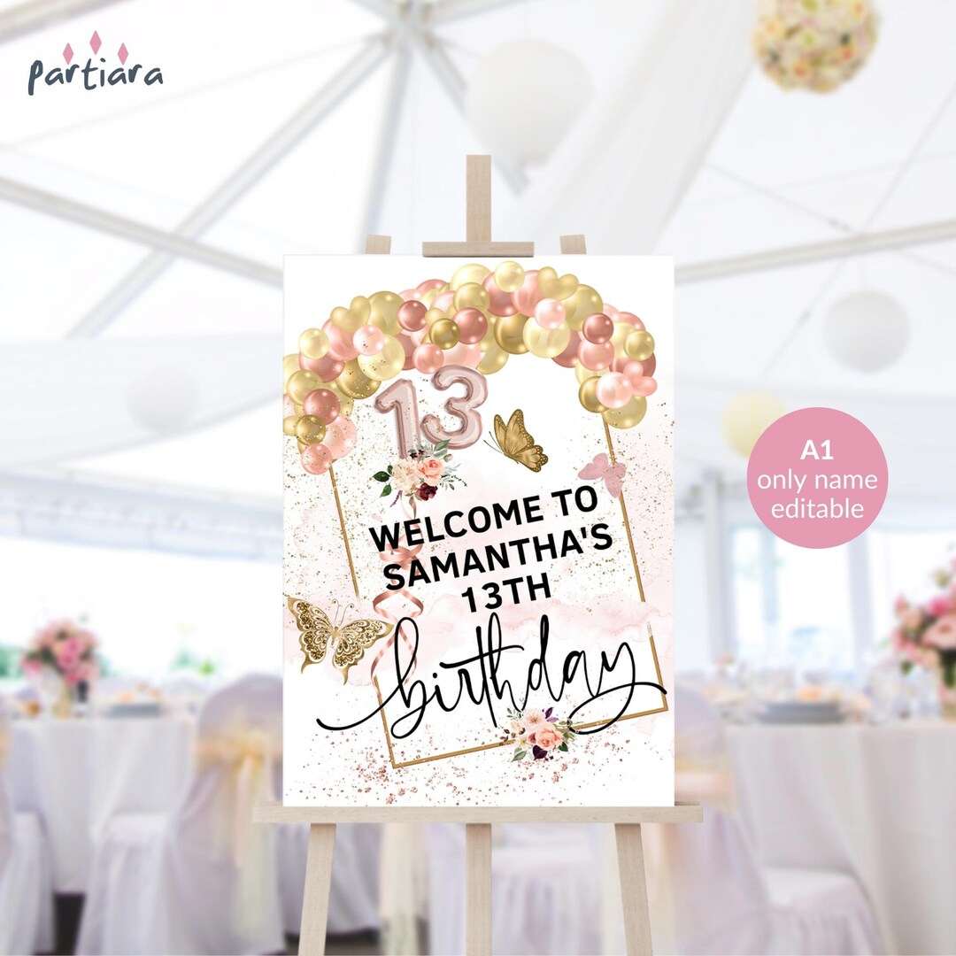 Welcome Sign 13th Birthday Printable, Rose Gold Pink Party Poster Board ...