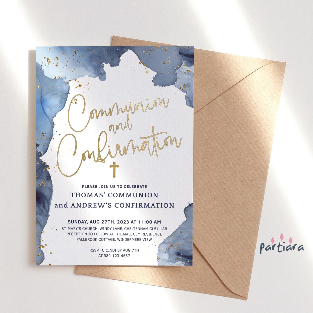 Boys Joint Communion Confirmation Invite Printable Navy Blue Gold Party ...