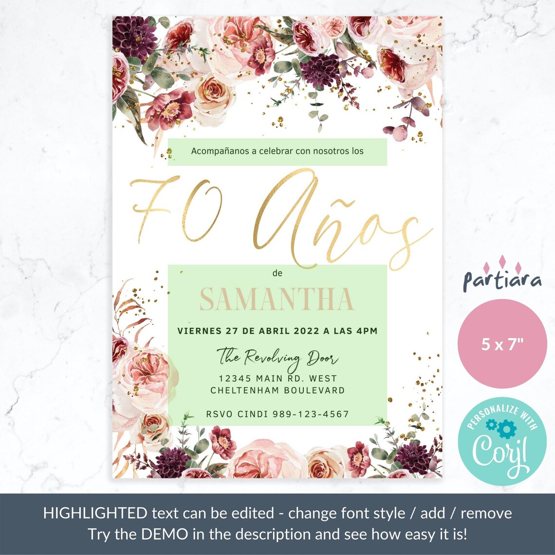Spanish 70th Birthday Invitation Printable Ladies Floral Blush - Etsy