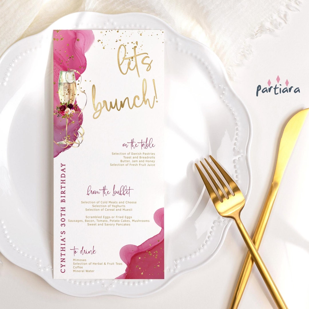 Ruby Red Gold Brunch Menu Printable Ladies Birthday Brunch Party Table ...