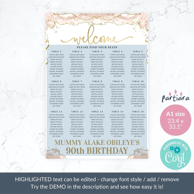 Birthday Party Seating Chart Printable Ladies Teen Girls - Etsy