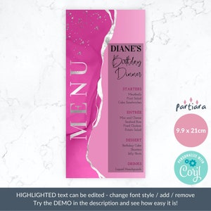 Editable Hot Pink Menu Card Template Fuchsia Silver Birthday Dinner ...