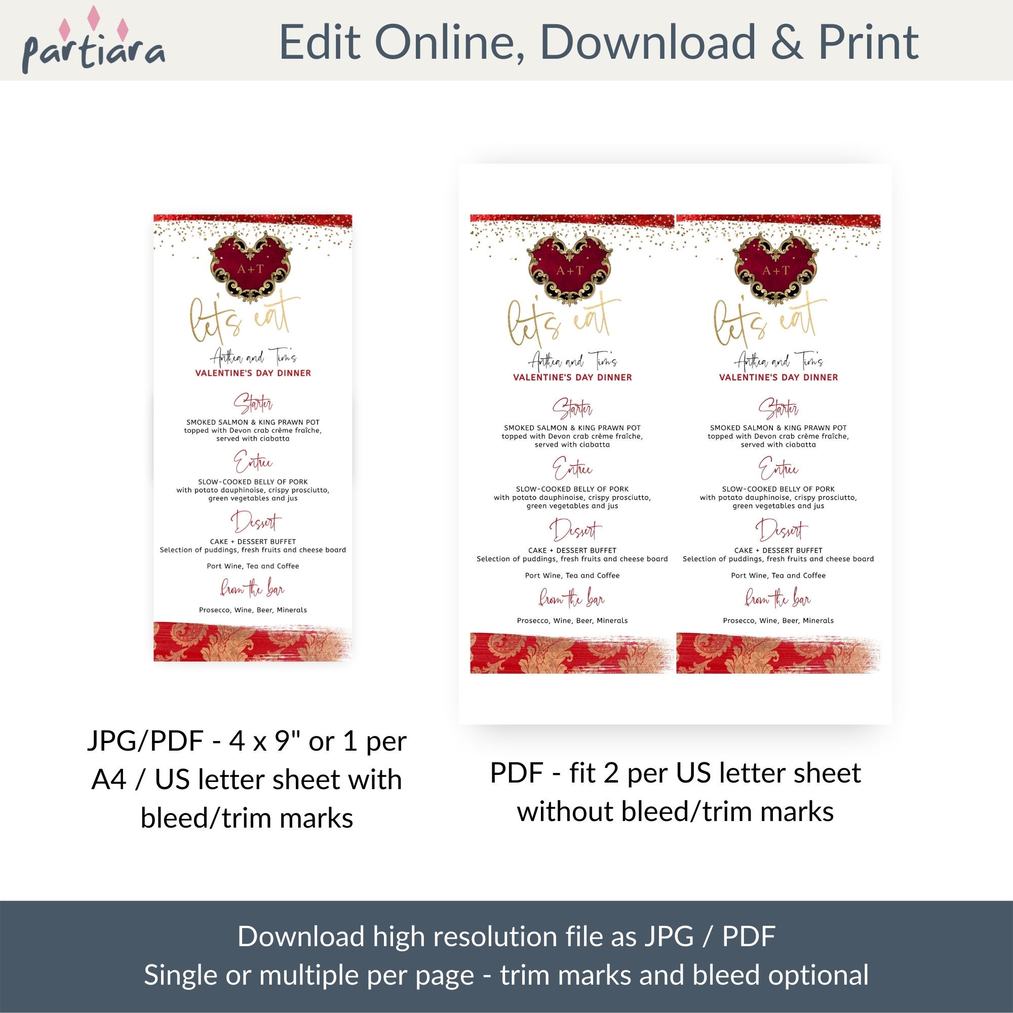 Red Gold Baroque Menu Card Printable Ladies Dinner Party Slim - Etsy