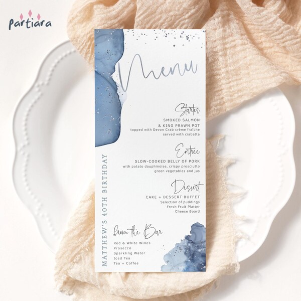 Navy White and Silver Menu Card - Etsy