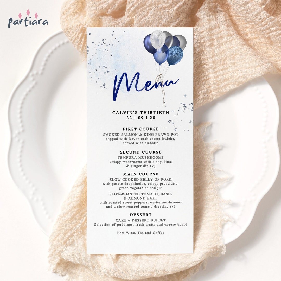 Blue Silver Menu Card Editable Template, Mens Birthday Table Menus ...