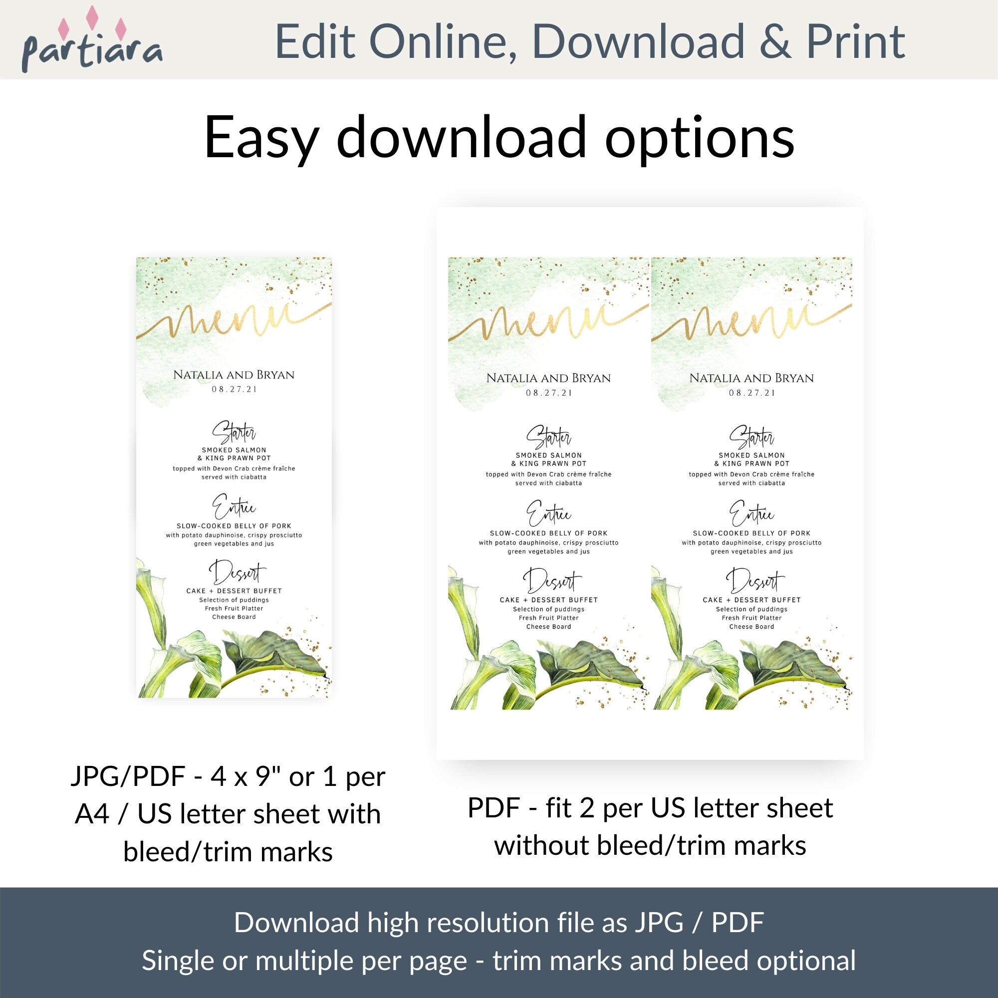 Lilies Menu Card Calla Lily Wedding Bridal Shower Table Menus - Etsy