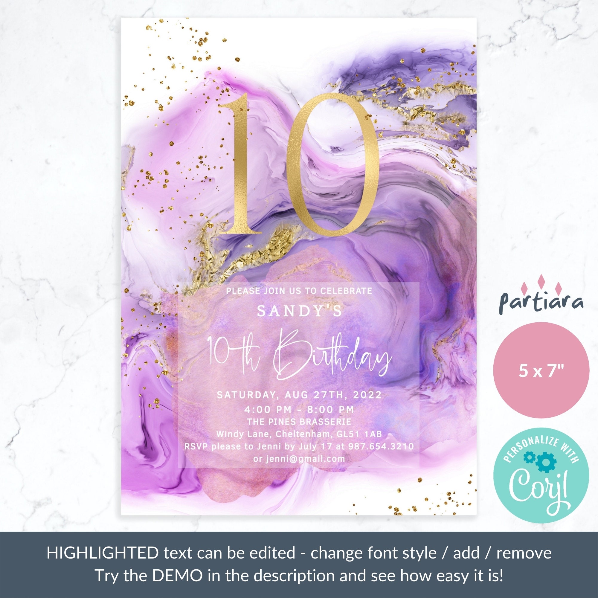 10th Birthday Invitation Template Girl Purple Gold Tenth Party - Etsy UK
