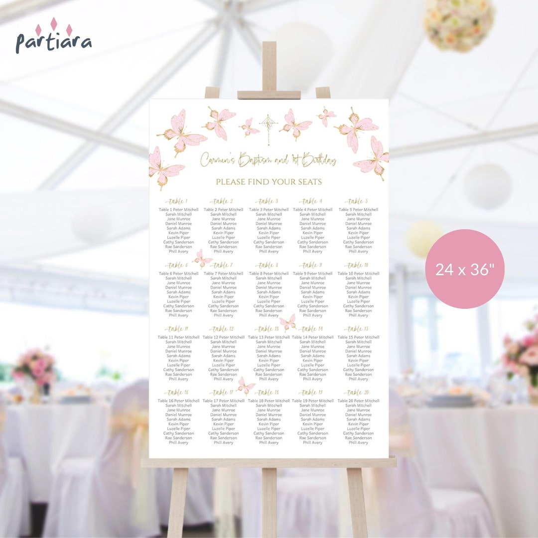 Pink Baptism Seating Chart Butterfly Template, Girls 1st Birthday and ...